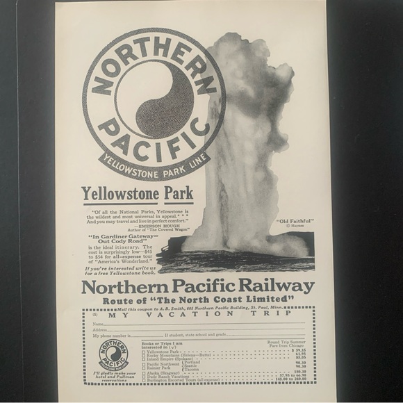 Accents | Vintage 1928 Northern Pacific Railway Yellowstone Park Ad ...